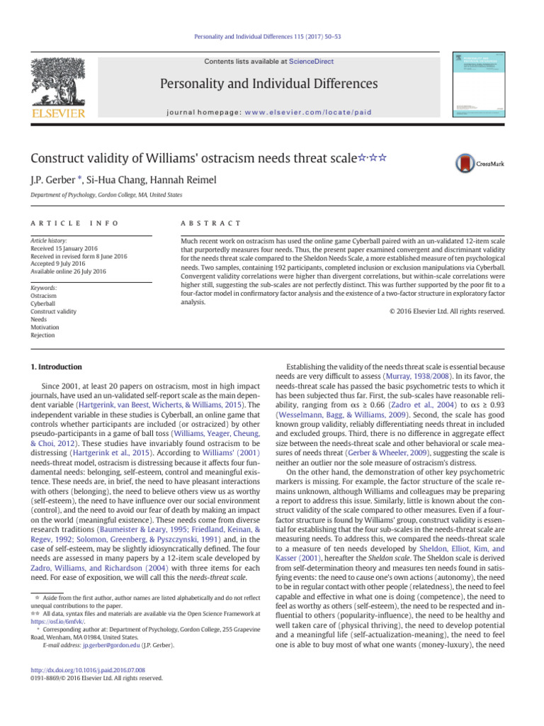 Construct Validity of Williams Ostracism Needs Threat Scale | PDF ...