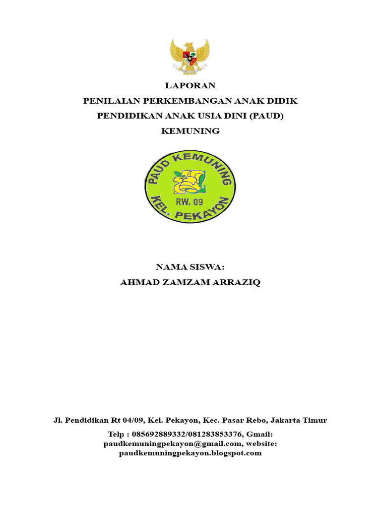 Cover Raport Anak Paud Kemuning 2023-2024 | PDF