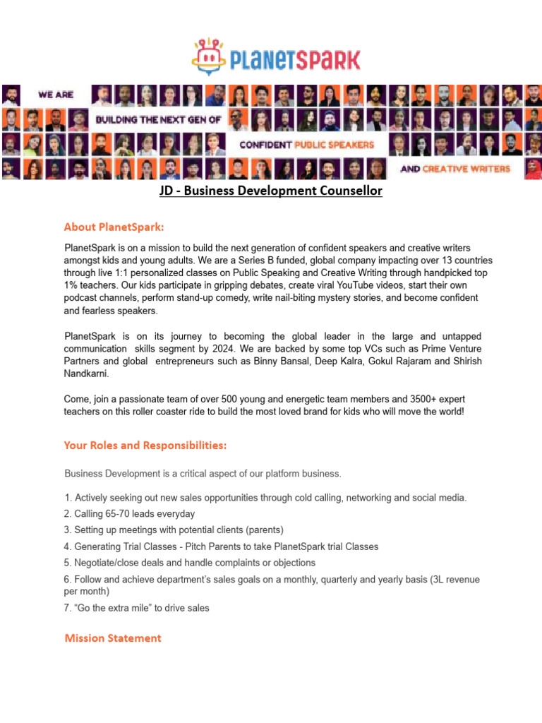 JD - Business Development Counsellor - PlanetSpark | PDF | Startup ...
