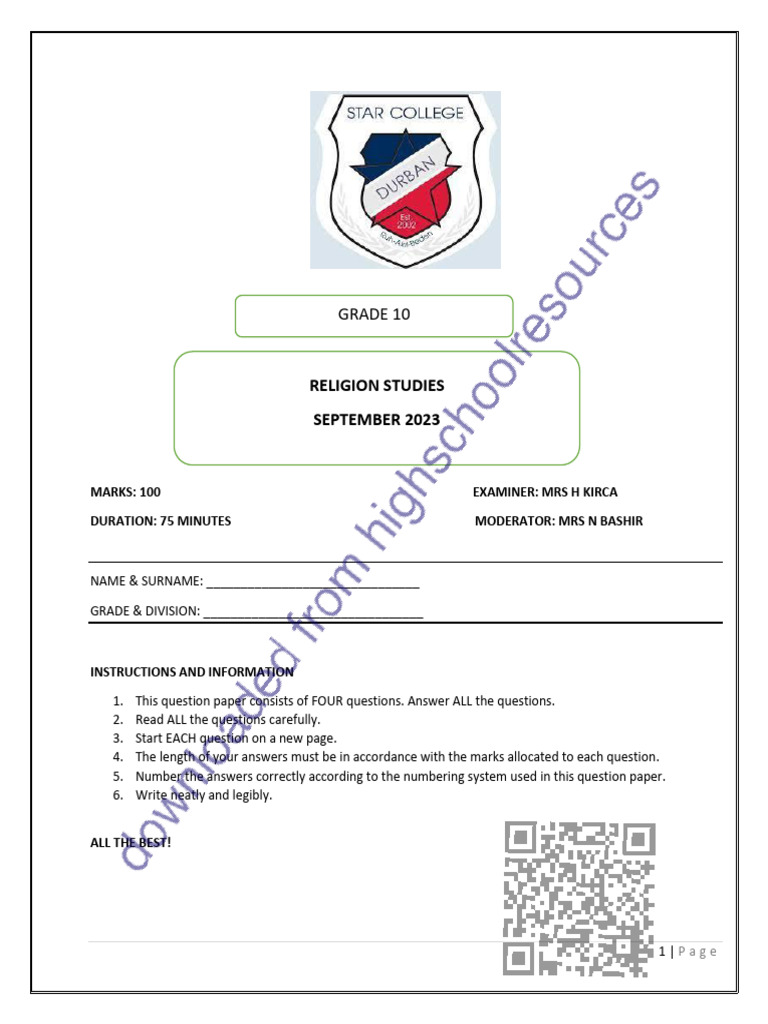 Grade 10 Religion Studies Exam Paper | PDF | Holidays | Abrahamic Religions