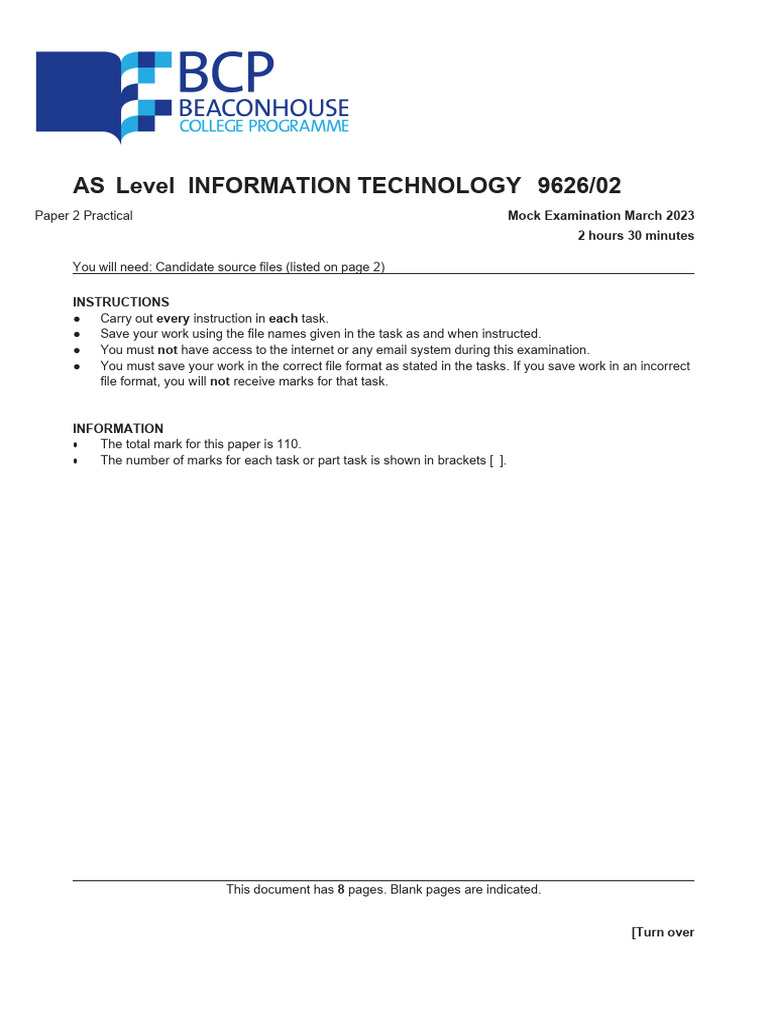 AS Level IT 9626/02 Mock Exam Guide | PDF | Spreadsheet | Video