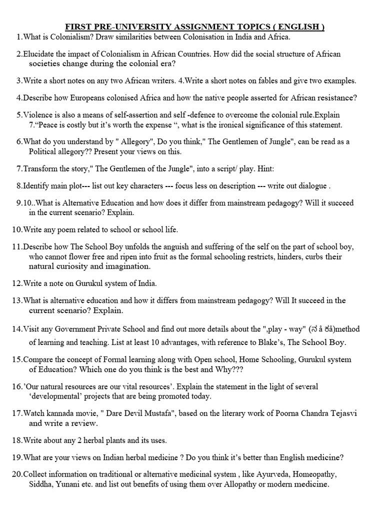 Revised I & II Puc Assignment Topics 2023-24 | PDF | Romeo And Juliet | Colonialism