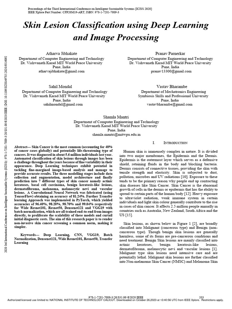 Skin Lesion Classification Using Deep Learning and Image Processing | PDF | Skin Cancer | Deep ...