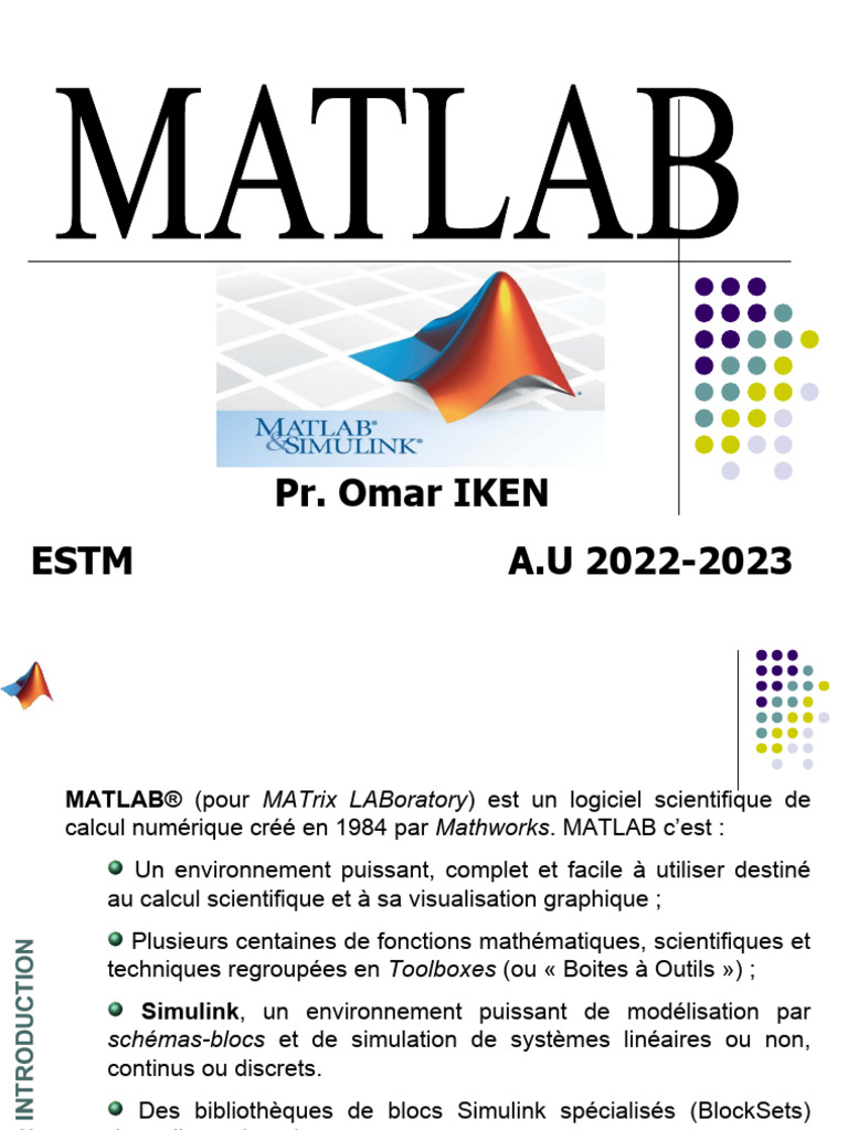 Presentation MATLAB ESTM | PDF | Matrice (Mathématiques) | Scalaire (mathématiques)