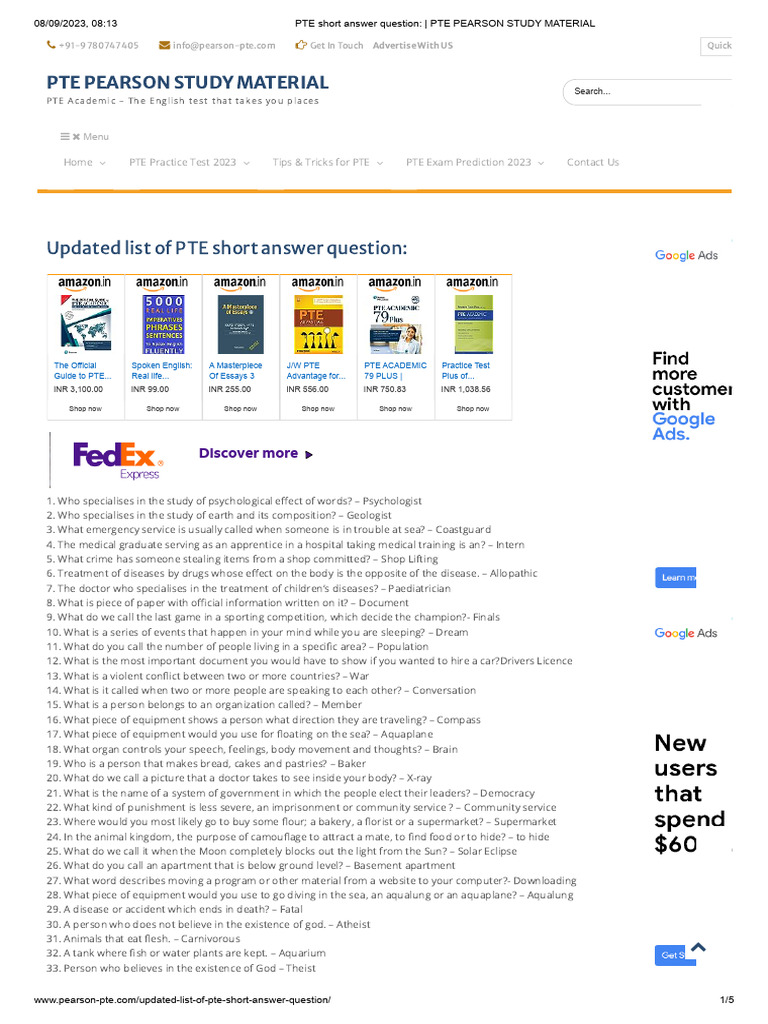 Updated PTE Short Answer Questions | PDF