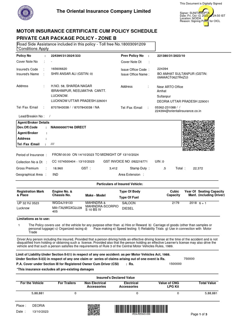 The Oriental Insurance Company Limited | PDF | Insurance | Deductible