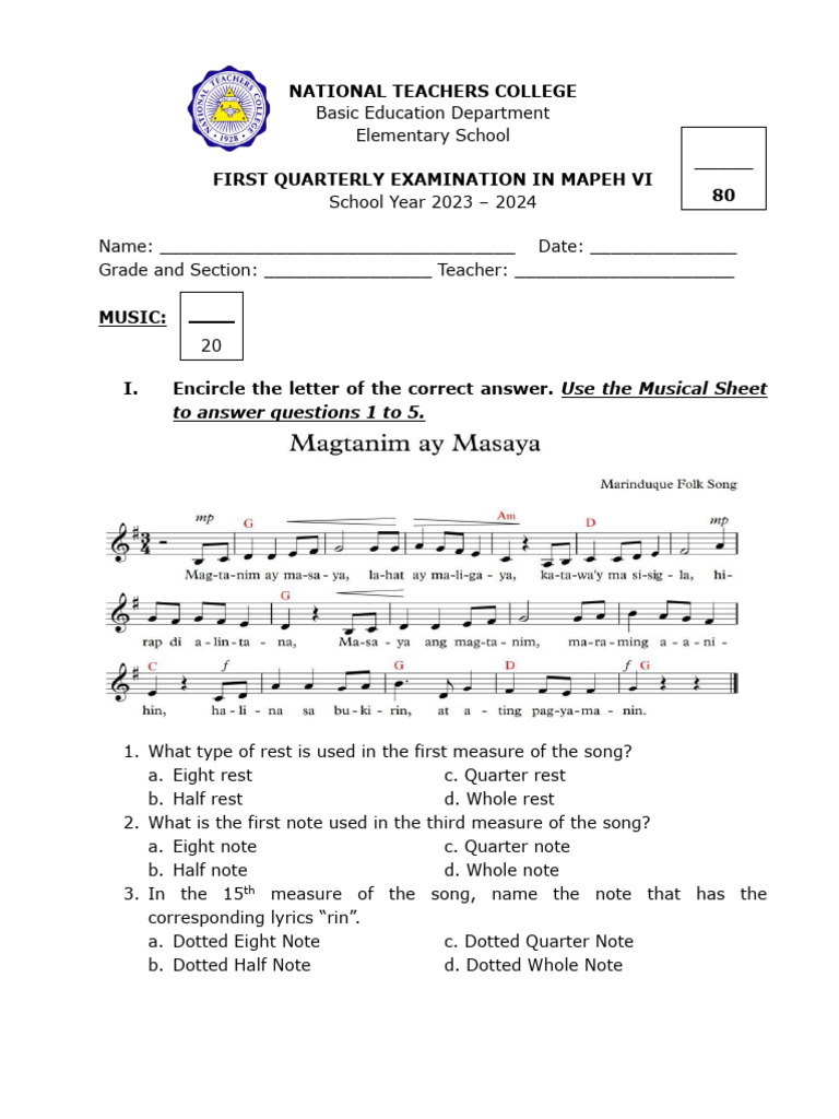 Q1 Music Arts Test Question Pdf Notation Musical Compositions