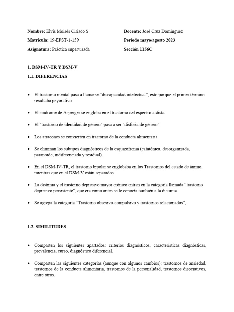 Diferencias entre DSM-IV-TR y DSM-V | PDF | Manual Diagnóstico y ...