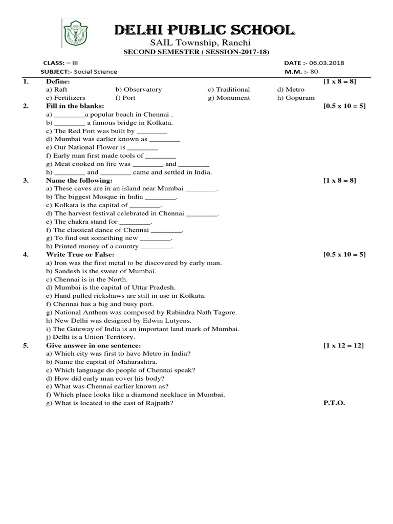Class-Iii Previous Years Question Papers | PDF | Mumbai | Delhi