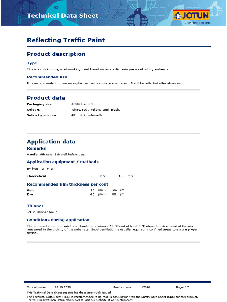 Jotun Reflecting Traffic Paint TDS | PDF | Paint | Industrial Processes
