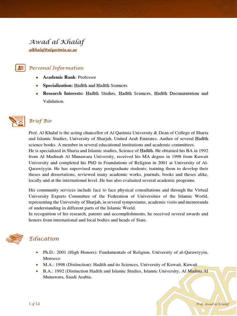 Prof Awad Al Khalaf Curriculum Vitae 2021 | PDF | Hadith | United ...