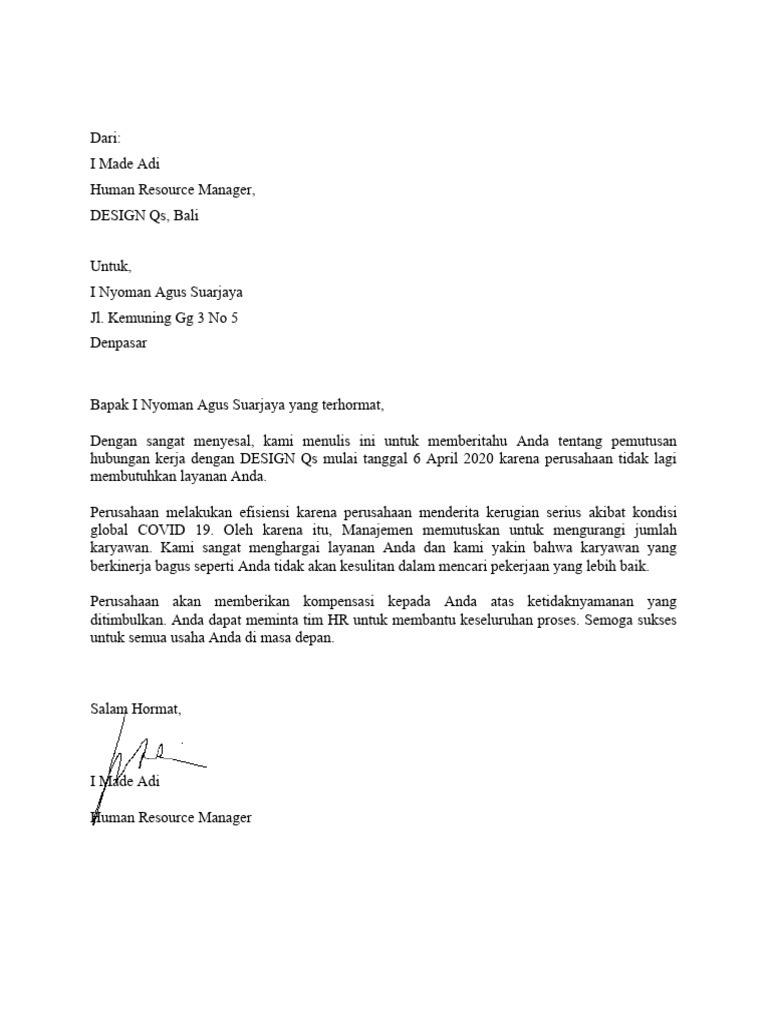 Contoh Surat Pemberhentian Kerja Efisiensi | PDF