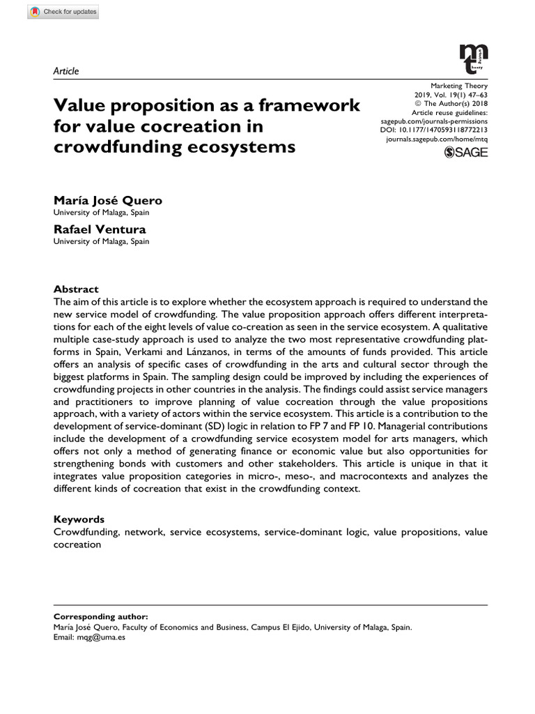 Value Proposition As A Framework For Value Cocreation in Crowdfunding Ecosystems | Download Free ...