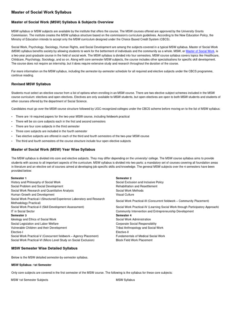 Master of Social Work Syllabus | PDF | Social Work | Disability