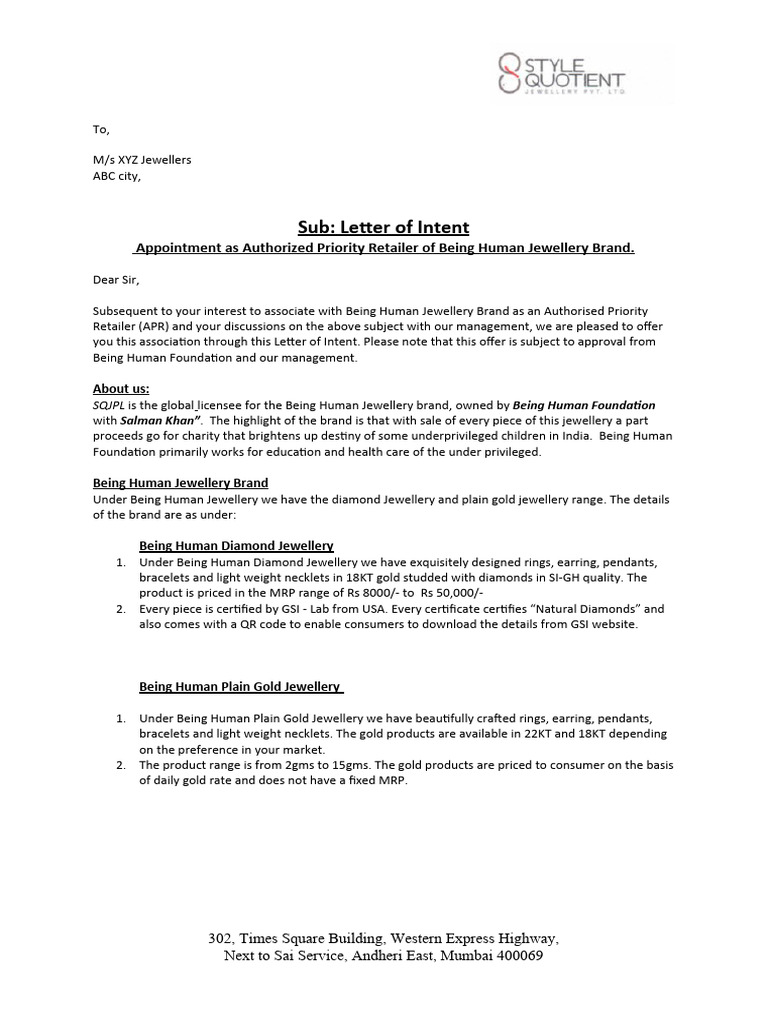 Sample BH SIS LOI | PDF | Jewellery | Annual Percentage Rate