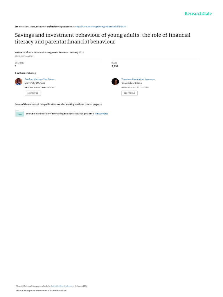 Savings and Investment Behaviour of Young Adults: The Role of Financial ...