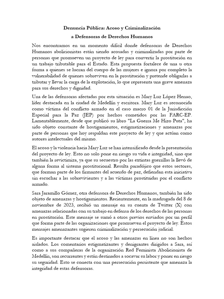Anexo Uno Mariluz Lopez Denuncia Pública | PDF | Prostitución ...
