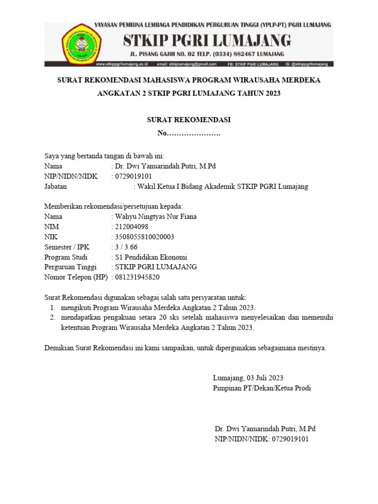 Surat Rekomendasi Ketua Prodi Pimpinan PT | PDF Surat Rekomendasi Ketua Prodi Pimpinan PT | PDF