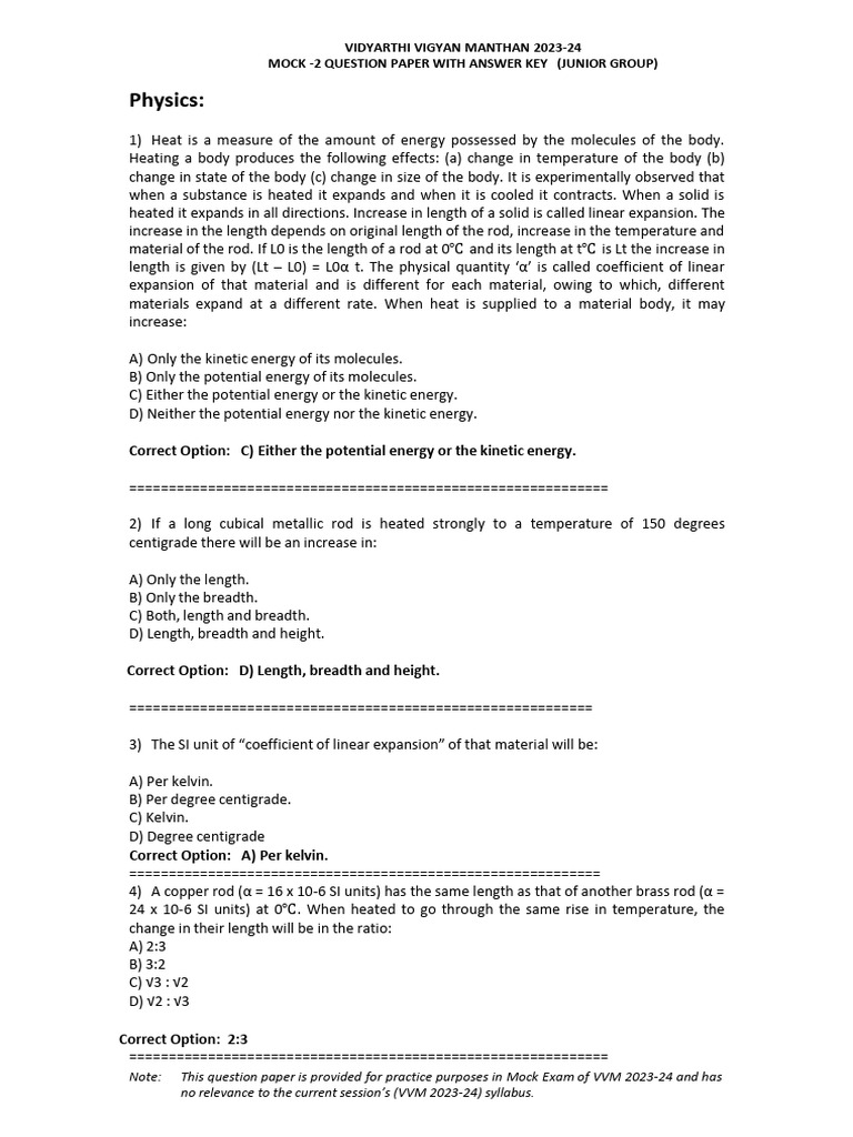 MockQuestion Paper With Answer Key Junior Group | PDF | Friction ...