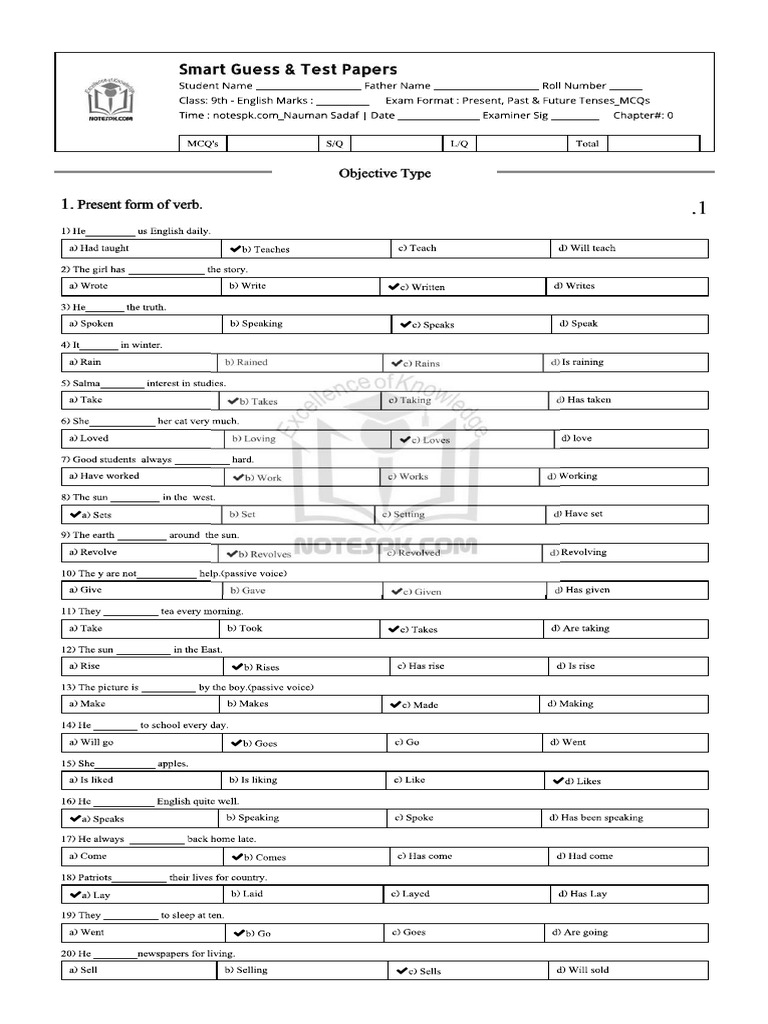 9th English Tenses Solved MCQs - Nauman Sadaf | PDF 9th English Tenses Solved MCQs - Nauman Sadaf | PDF