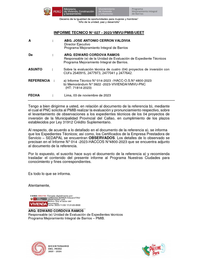 INFORME TECNICO N°027-2023-UEET-LEY 31912-PNC. v02 (R) | PDF | Presupuesto | Transporte