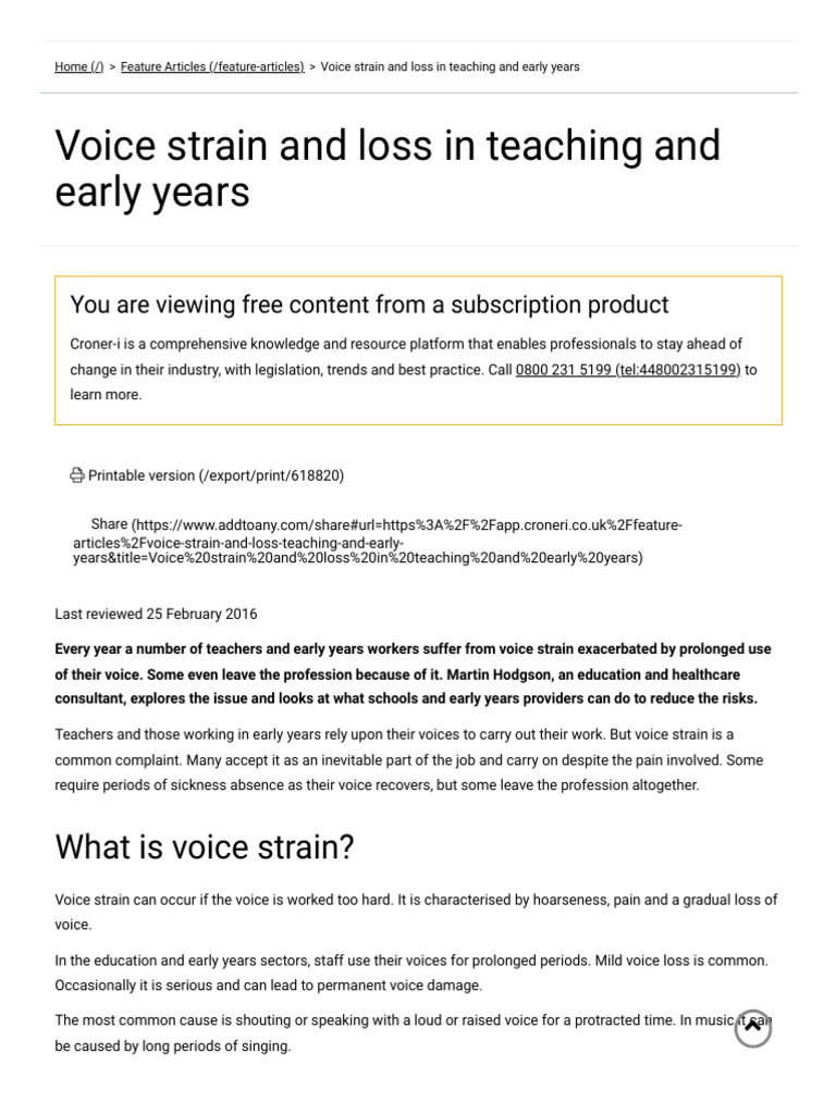 Voice Strain and Loss in Teaching and Early Years - Croner-I | PDF ...