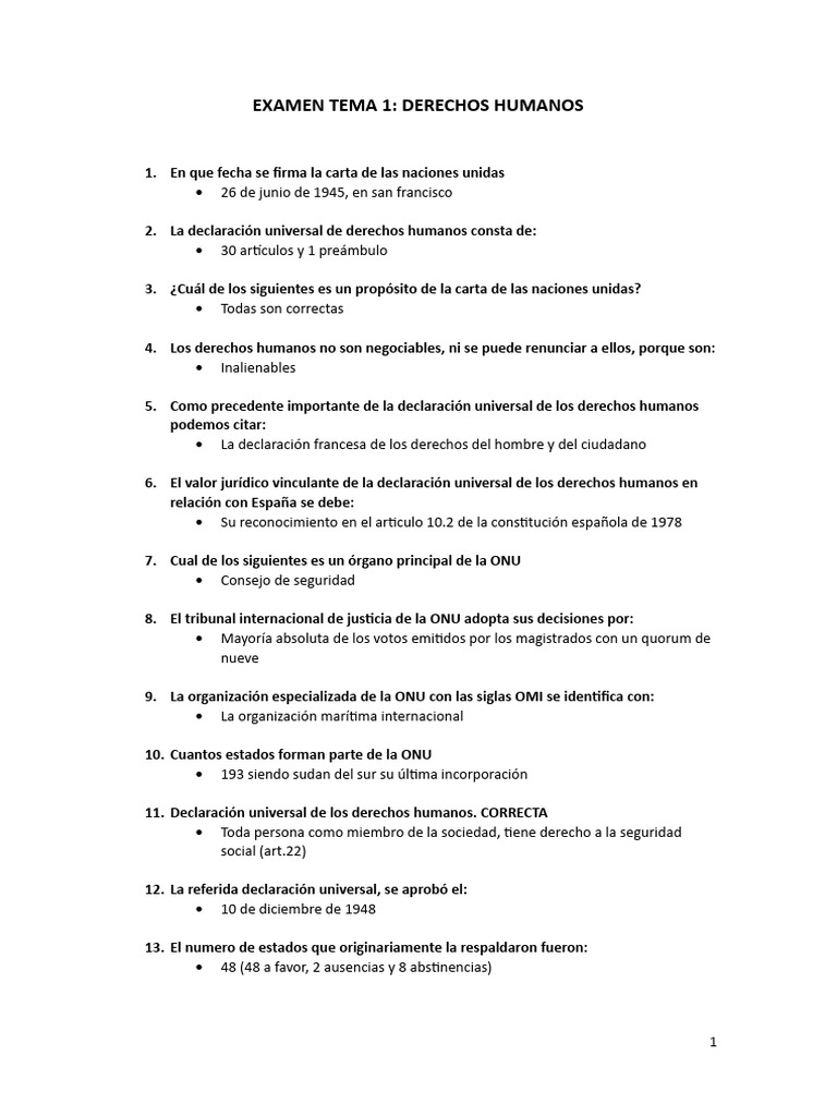 EXAMEN TEMA 1 DERECHOS HUMANOS | PDF | Derechos humanos | Naciones Unidas
