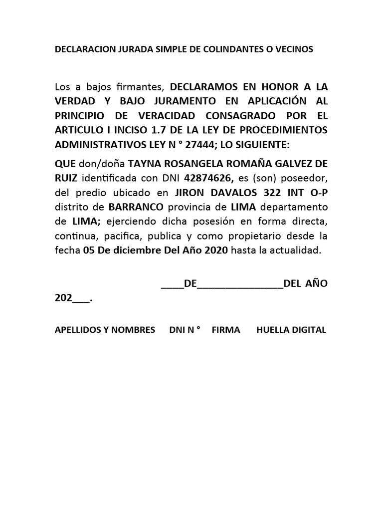 Declaracion Jurada Simple de Colindantes o Vecinos | PDF Declaracion Jurada Simple de Colindantes o Vecinos | PDF