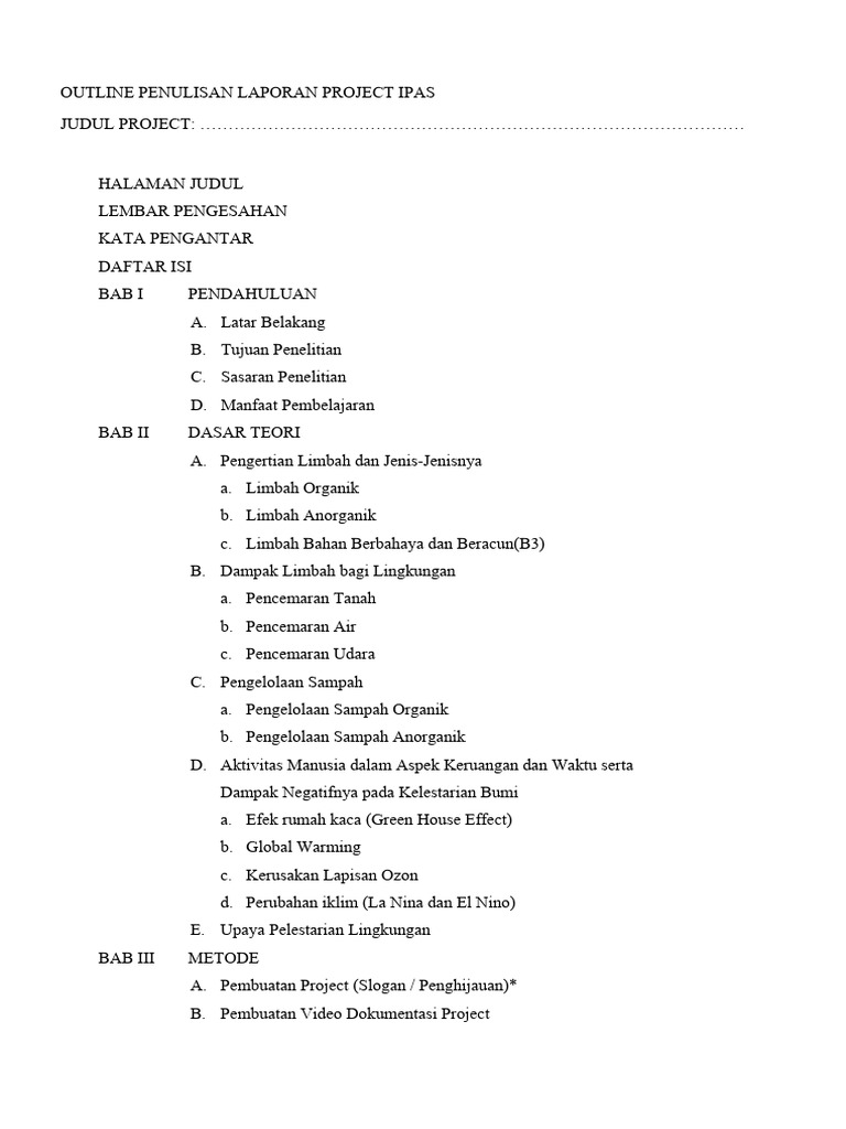 TEMPLATE CONTOH OUTLINE LAPORAN PROJECT IPAS TEMA 1 | PDF