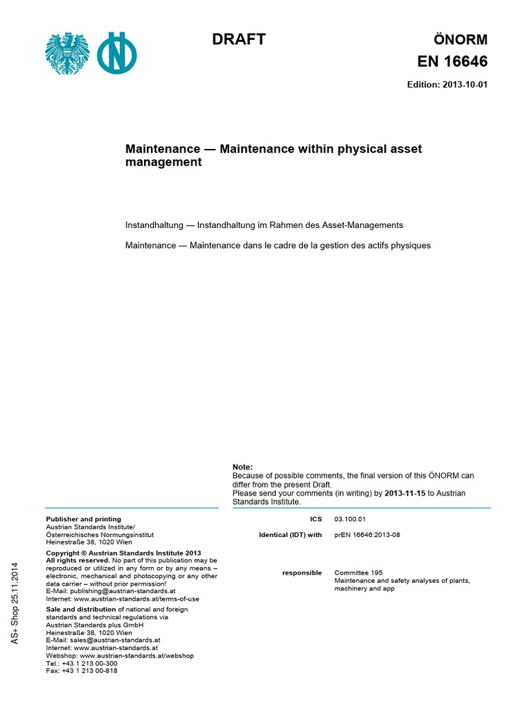 EN 16646 Maintenance Within Physical Asset Management | PDF | Asset ...