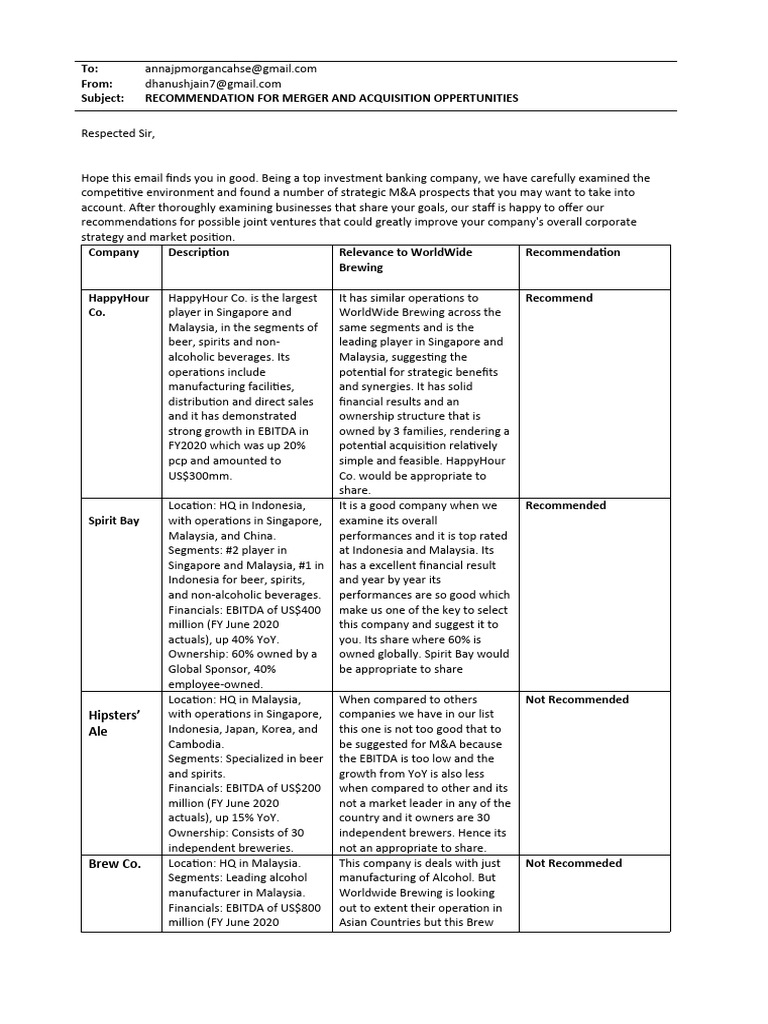 JP Morgan IB Task | PDF | Mergers And Acquisitions | Brewery