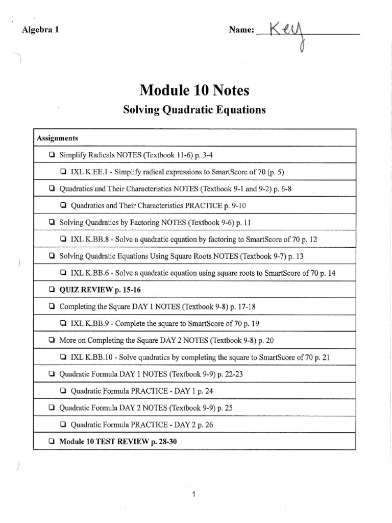 Alg 1 Mod 10 Notes Key | PDF
