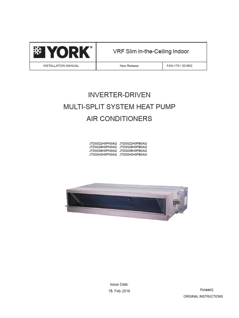 YORK VRF IDU Ceiling Duct Slim - JTDS (022-043) - Installation Manual ...