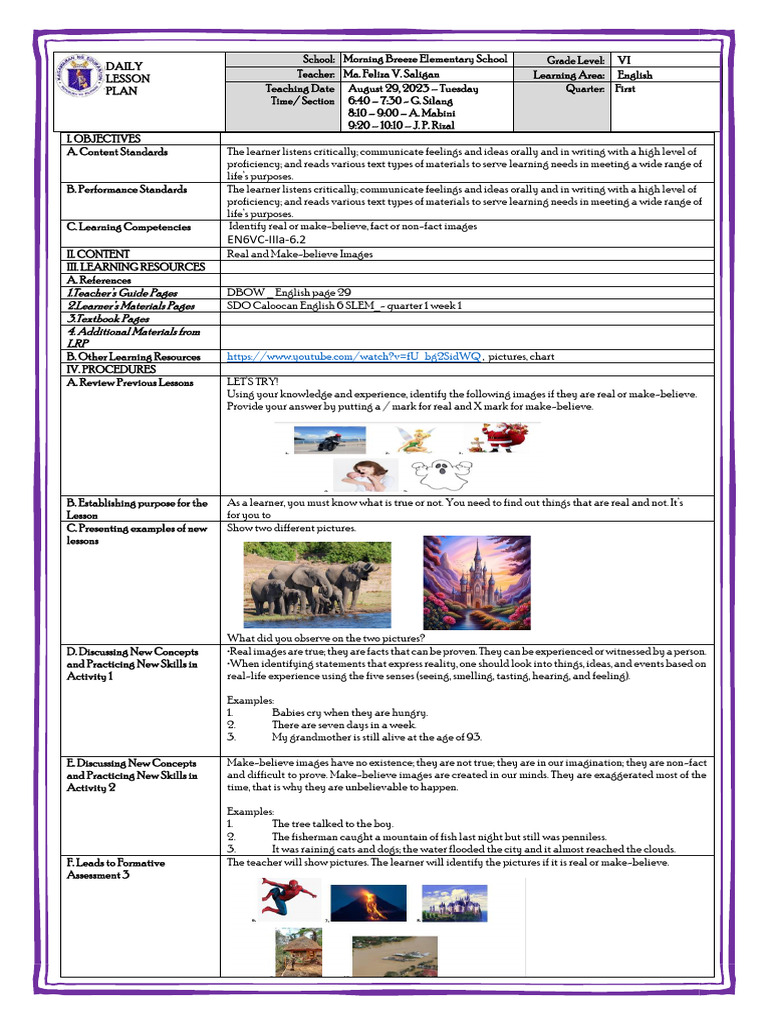Real vs. Make-Believe Lesson Plan | PDF | Learning | Imagination