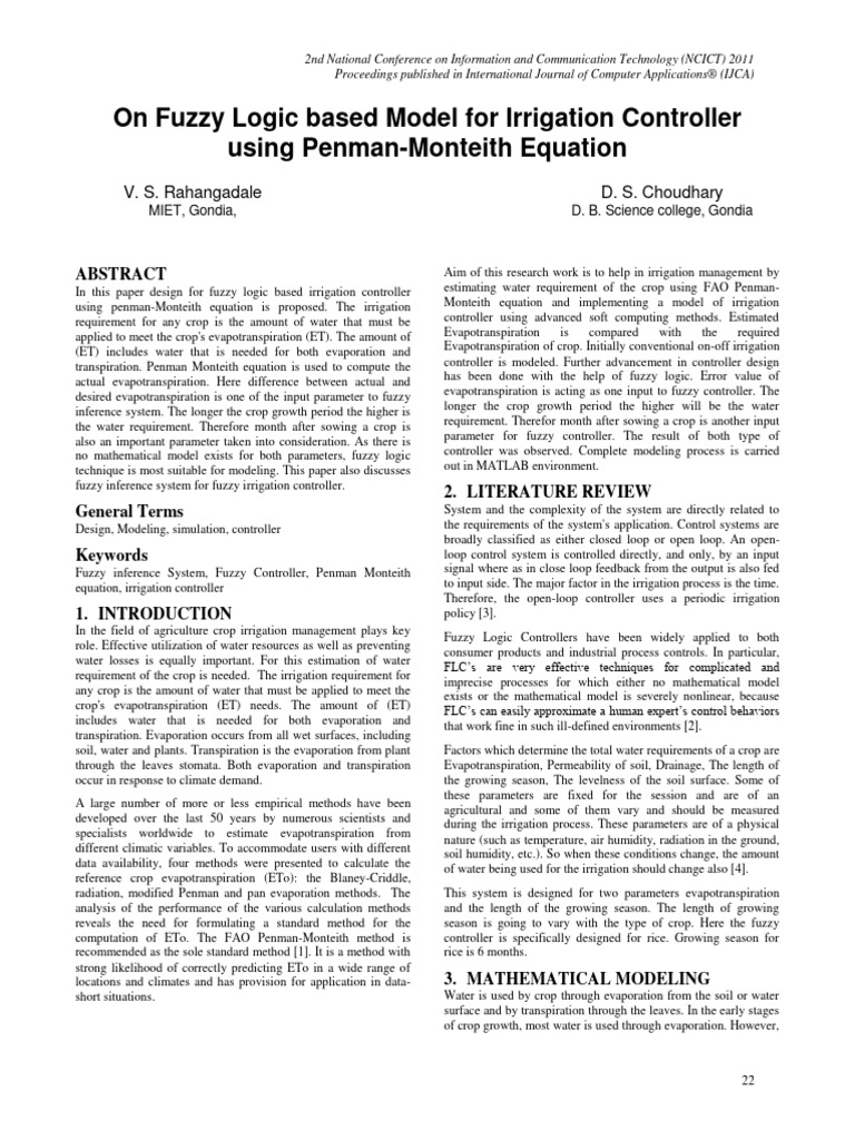 On Fuzzy Logic Based Model For Irrigation Controller Using | PDF | Evapotranspiration | Humidity
