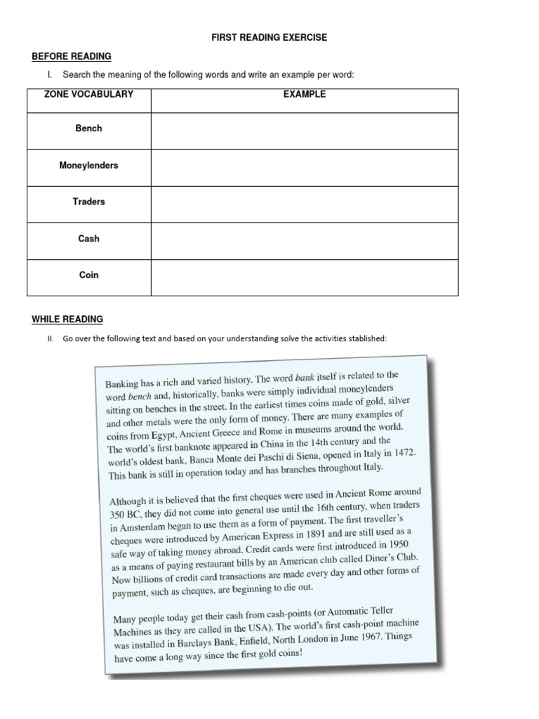 Reading Exercise 1st Worksheet | PDF | Automated Teller Machine ...