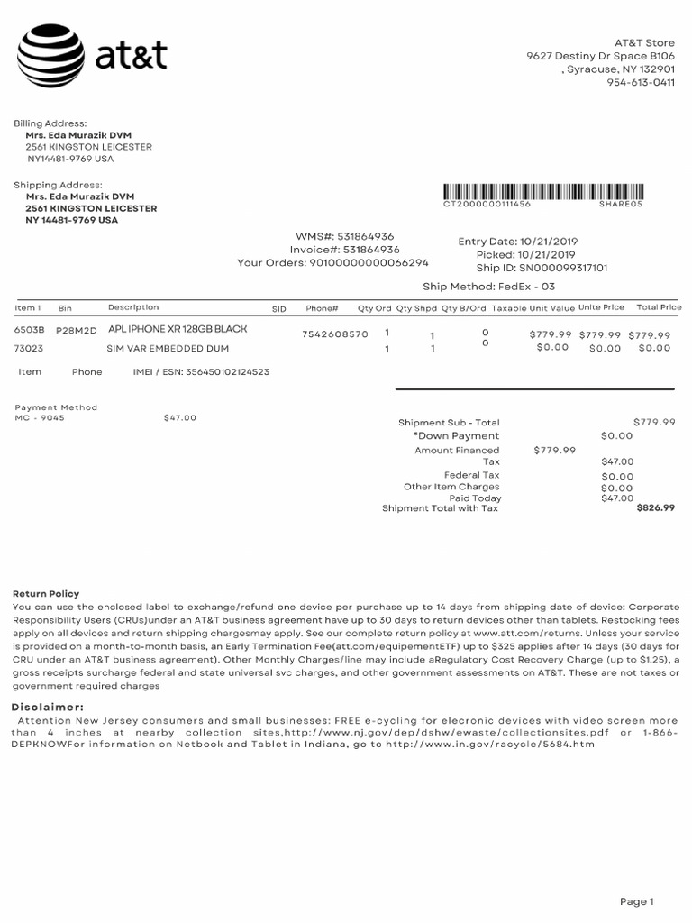 Facture 01 ATT IPHONE XR | PDF