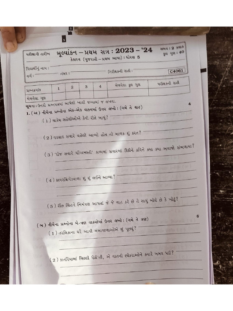 Class 5 Question Paper For Practice | PDF