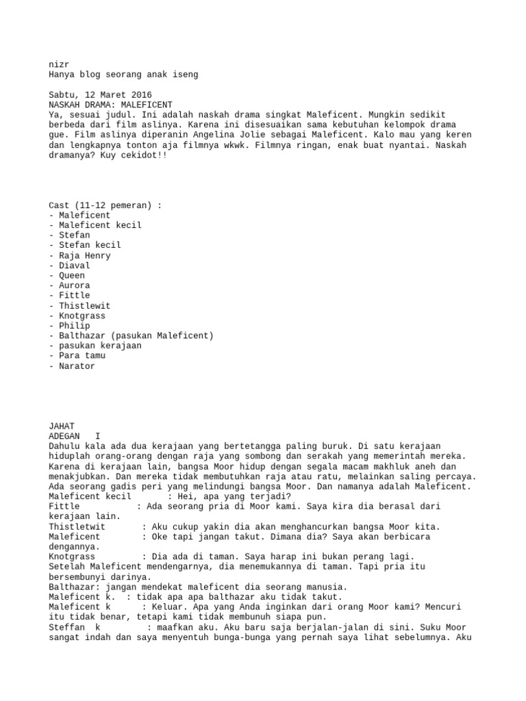 Naskah Drama Maleficent Singkat | PDF | Fiksi Misteri, Thriller ...