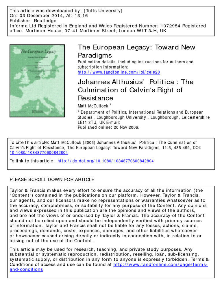 Althusius Politica - The Culmination of Calvin's Right of Resistance ...