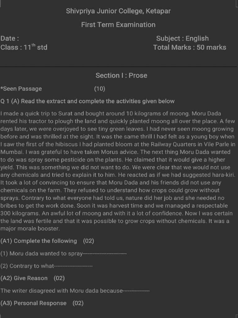 11th English 1st Term Paper | PDF