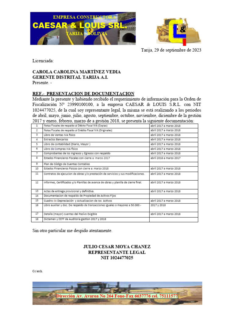 Carta Presentacion Fiscalizacion Sept 2023 | PDF | Contabilidad | Industrias de servicio