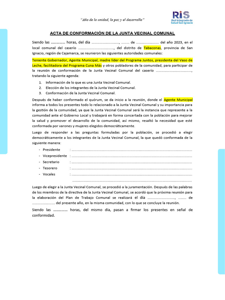 Acta de Conformación de La Junta Vecinal Comunal | PDF