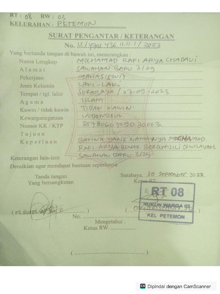 Surat Domisili Mochamad Rafi Arya Chadavi | PDF