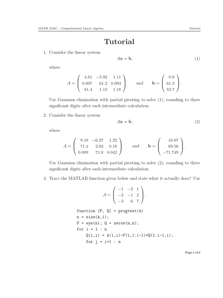 Tutorial 01 | PDF | System Of Linear Equations | Matrix (Mathematics)