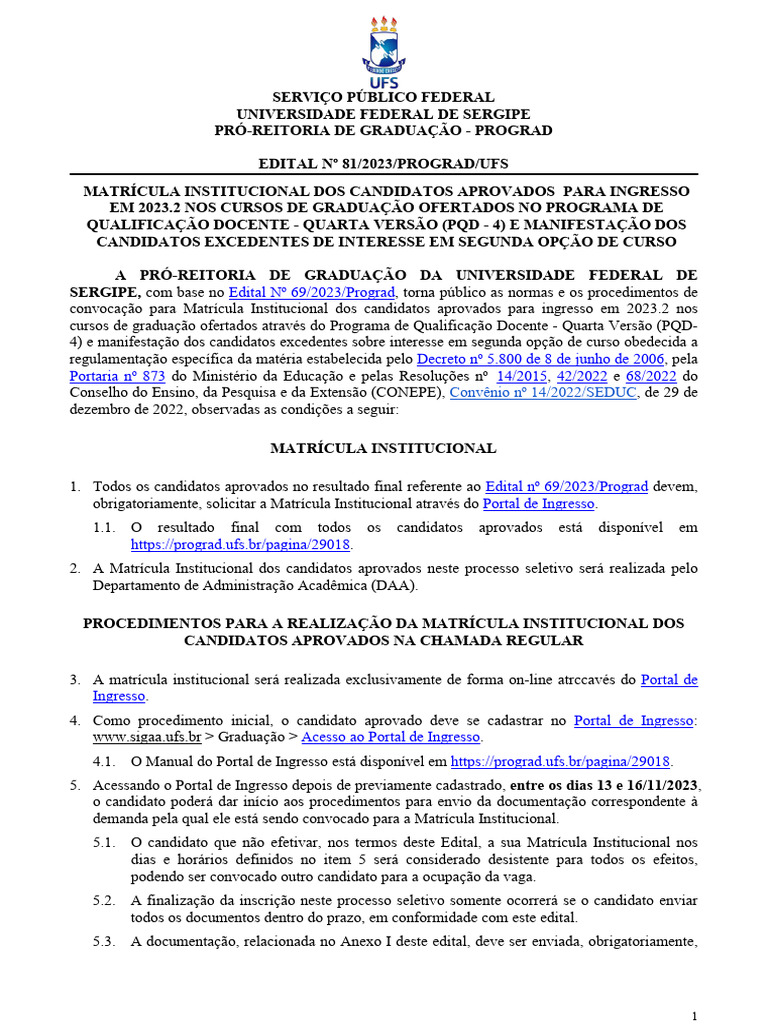 Edital N 81 2023 MATR CULA INSTITUCIONAL 2023 PQD 4 | PDF