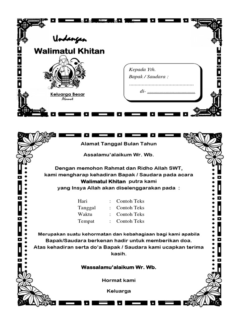 Contoh Undangan Walimah Khitan Border Hitam Putih | PDF