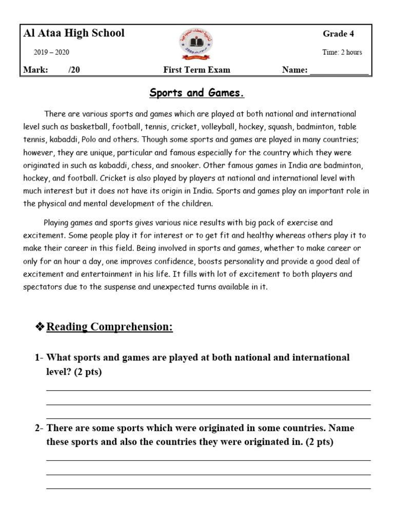 Grade 4 First Term Exam | PDF | Sports | Linguistics