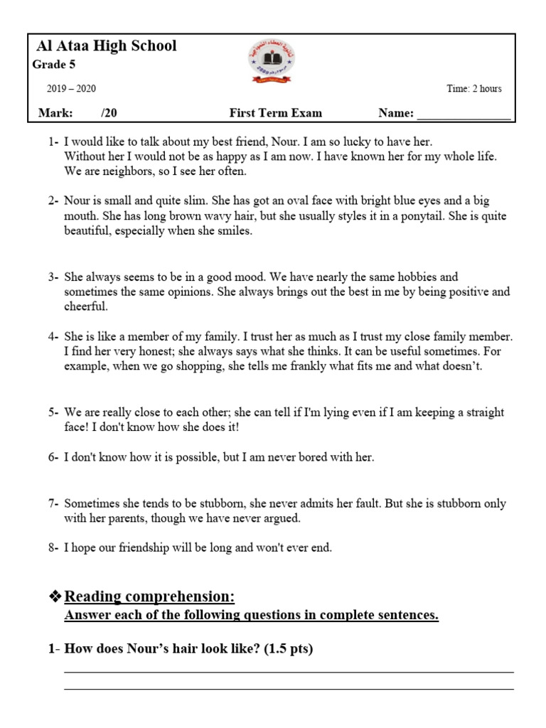 Grade 5 First Term Exam | PDF