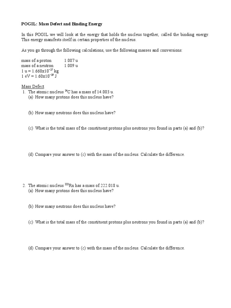 Mass Defect and Binding Energy | PDF | Atomic Nucleus | Proton